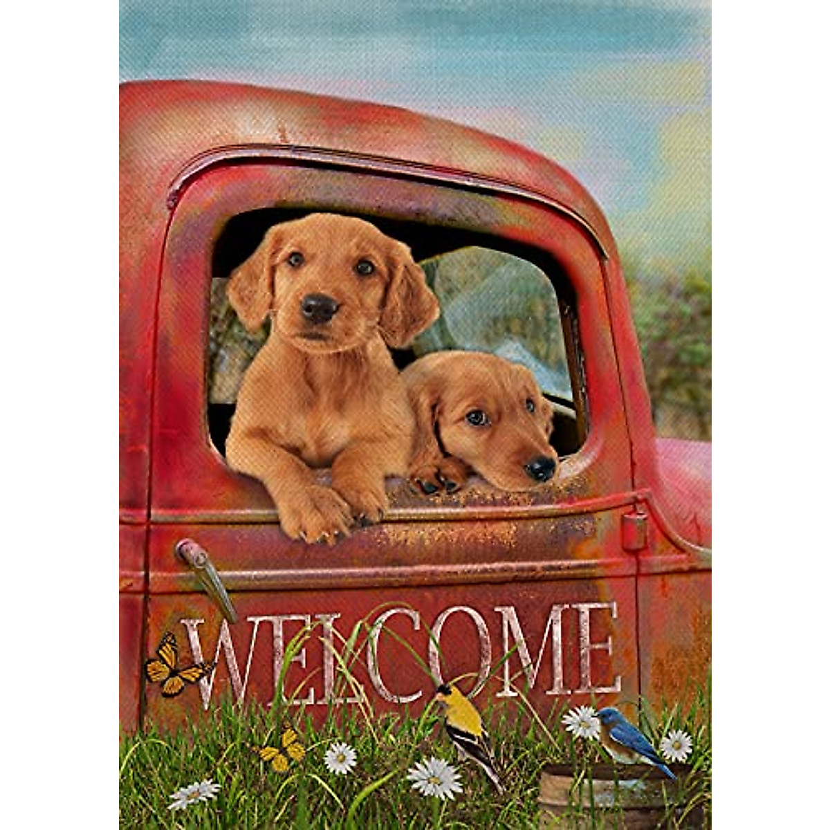 Covido Home Decorative Welcome Spring Dog Golden Retriever Garden Flag, Summer Red Truck Yard Puppy Outside Decoration, Outdoor Small Burlap Decor Double Sided 12x18