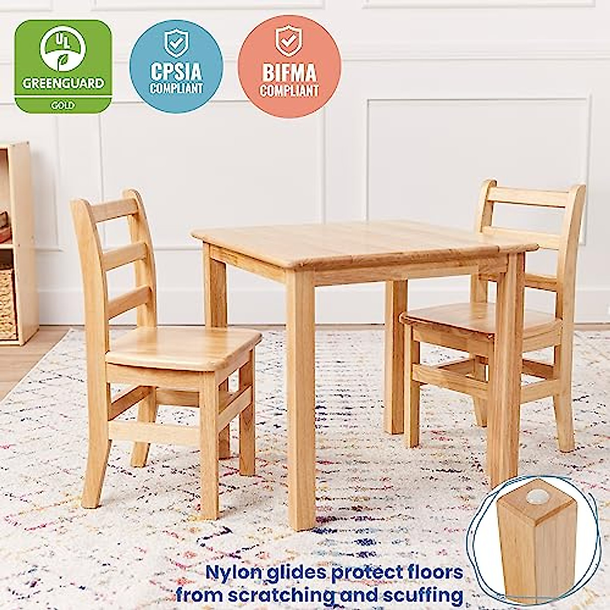 ECR4Kids 24in x 24in Hardwood Table and Chairs, 14in Seat Height, Kids Furniture, Natural, 3-Piece