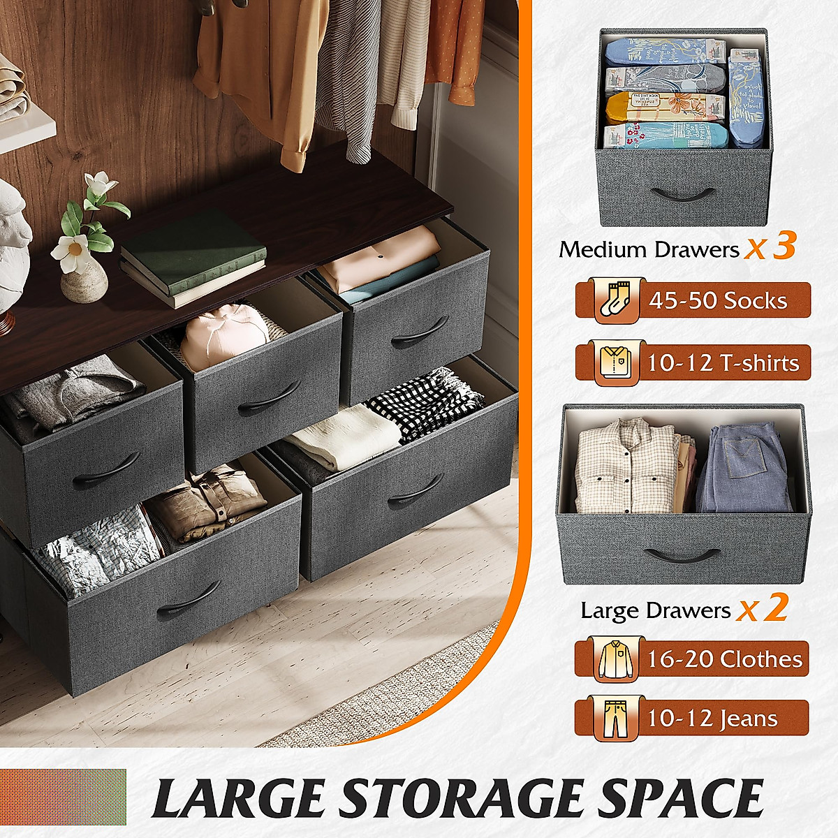 WLIVE Dresser for Bedroom with 5 Drawers, Wide Chest of Drawers, Fabric Dresser, Storage Organizer Unit with Fabric Bins for Closet, Living Room, Hallway, Nursery, Dark Grey