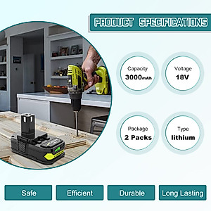 Ibanti P102 Replacement Battery for Ryobi 18V Battery P102 P103 P104 P105 P107 P108 P109 P122 Cordless Power Tools Compatible with Ryobi 18V Charger 2Packs 18V 3000mAh(Green)