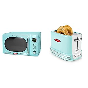 Nostalgia Retro Compact Countertop Microwave Oven, 0.7 Cu. Ft. 700-Watts with LED Digital Display & Retro Wide 2-Slice Toaster, Vintage Design With Crumb Tray, Cord Storage & 5 Toasting Levels, Aqua