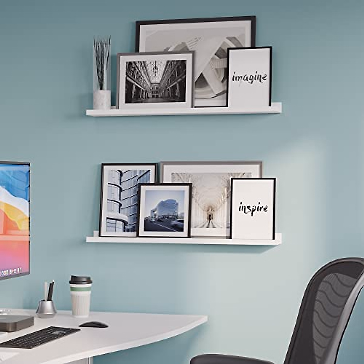 You Have Space Lagos Floating Bookshelf for Kids Room Decor, Picture Ledge Shelf for Living Room, Office, Kitchen, Bathroom, 30" White Wall Shelf Set of 2