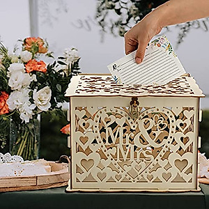 YOUEON Wood Wedding Card Box with Lock and Cards Sign, Card Box for Wedding, Rustic Wedding Box for Cards and Money, Wedding Gift Box for Reception, Anniversary, Bridal Shower, Party (Mr & Mrs, Brown)