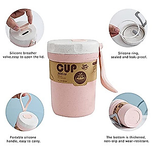 LZYMSZ 2PCS Wheat Straw Soup Cup, 300ml Portable Microwaveable Breakfast Cup, 2 Colors Porridge Lunch Box with Spoon for School Office Outdoor Travel Student (Blue and Pink)