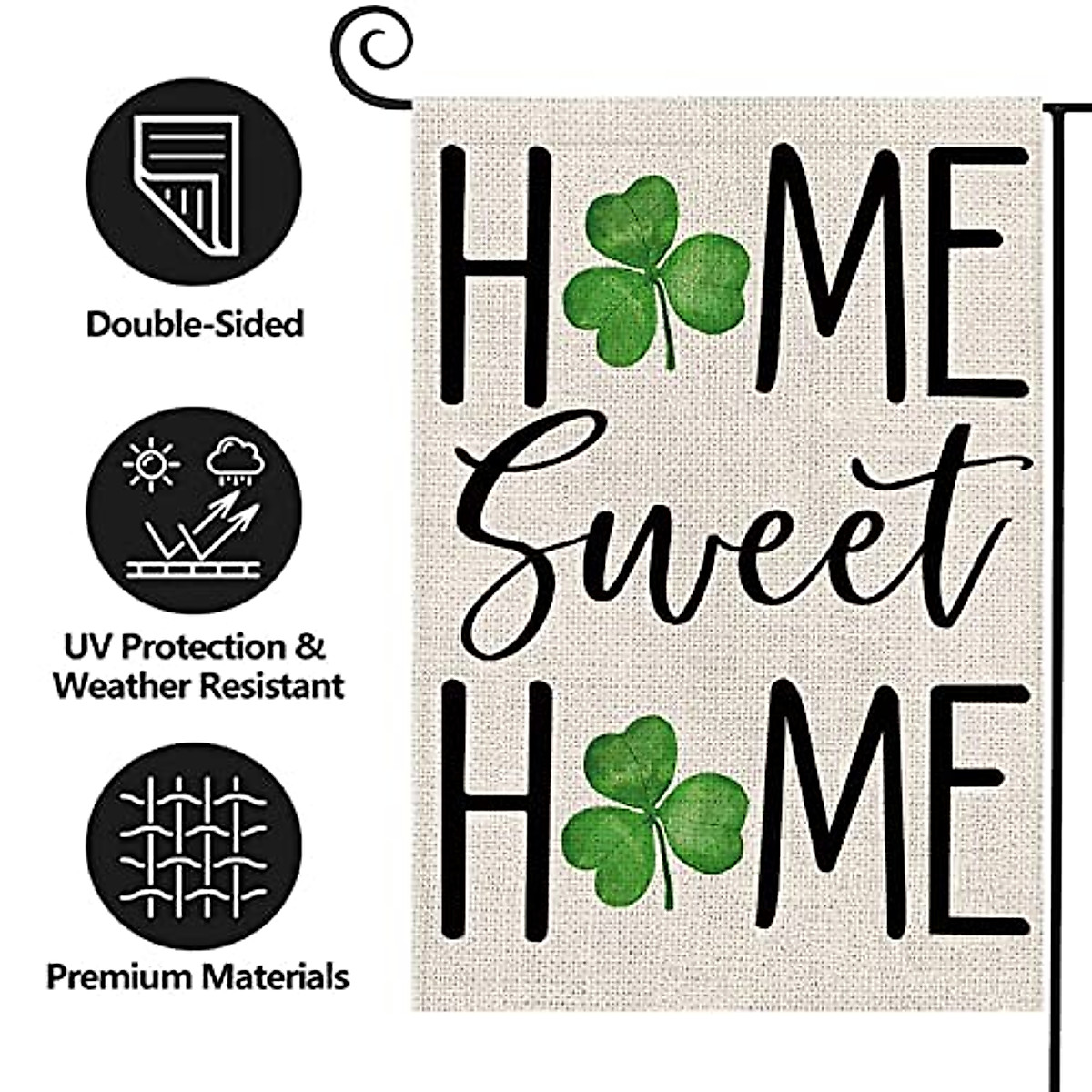 Texupday St.Patrick's Day Home Sweet Home Shamrock Clover Decoration Double Sided Vertical Burlap Garden Flag Rustic Holiday Party Outdoor Yard Banner 12" x 18"