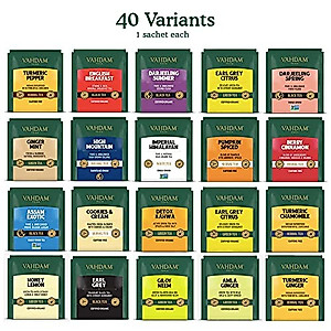 VAHDAM, Assorted Tea Bags Sampler - 40 Flavors, 40 Tea Bag | Tea Bags Variety Pack - Herbal Tea, Green Tea, Chai Tea, Black Tea in Tea Assortment Gift Set, Tea Bags Variety Pack