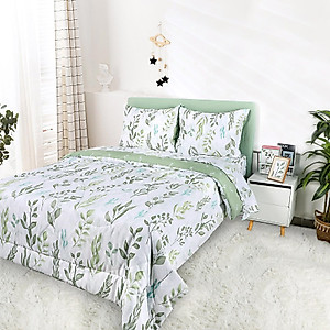 DILIMI Twin Comforter Set for Girls, Reversible 5 Pieces Comforter Twin Size Bed, Green Leaf Ultra Soft Twin Bedding Sets with Comforter, Flat Sheet, Fitted Sheet, 2 Pillowcase