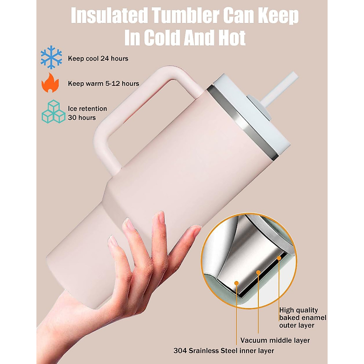 Aurldpio 40oz Tumbler with Handle and Straw, Stainless Steel Vacuum Insulated Thermos Cups,Travel Flask Car Coffee Mugs for Hot Iced Drinks Water Bottle Cup Gifts for Women Men Him Her