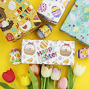 Easter Wrapping Paper,4 Sheets 4 Designs Bunny Eggs Chicken Gift Wrapping Paper,20 x 28 Inch Funny Cute Pattern Gift Wrap With Ribbon For Easter Spring Birthday Holiday Baby Shower Party All Occasion
