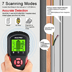 Stud Finder Wall Scanner, RISEPRO 7 in 1 Electric Multifunctional Stud Sensor Beam Finders, Wall Detector Center Finding with Large LCD Display and Audio Alarm for Wood, Studs, Metal, AC Wire