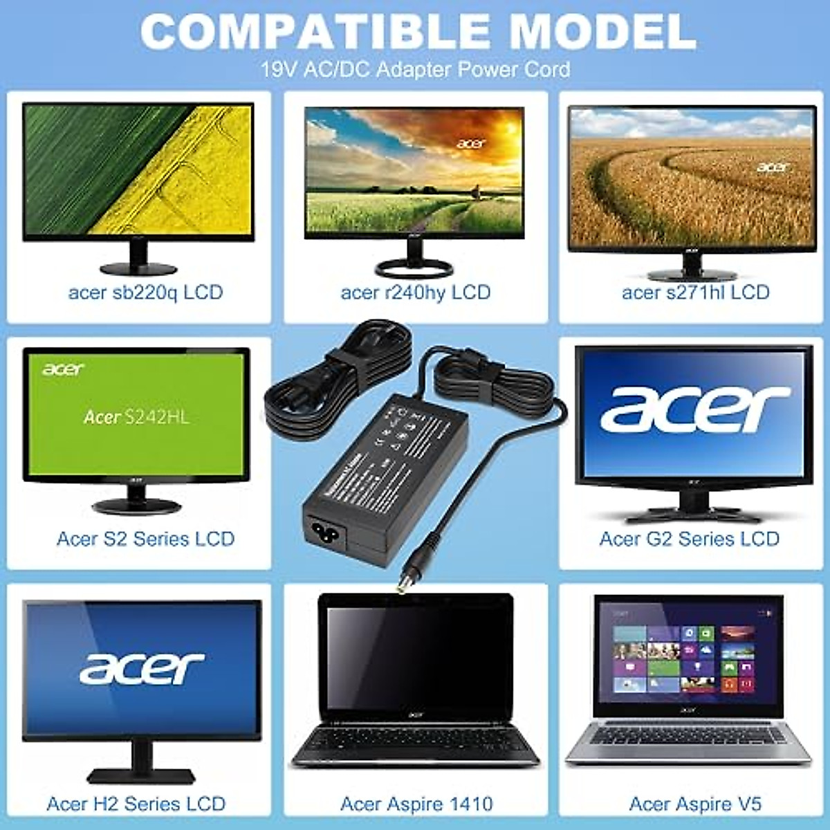19V DC Power Supply for Monitor Acer LCD R240HY H236HL SA230 G276HL S230HL G246HL G206HQL S271HL S240HL G236HL S220HQL S202HL Acer Aspire V3 V5 E1 E3 E5 ES1 R3 M5 F5 5000 5100 N15Q1 Laptop Charger