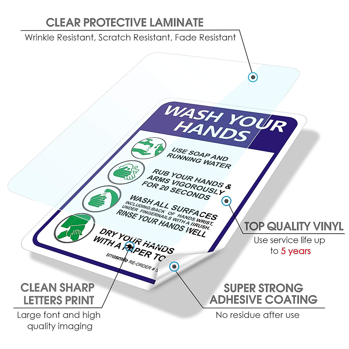 Hand Washing Signs Wash Hand Sign Sticker, 10 Pack 10" x 7" Please Wash Your Hand Sign Decals, Self-Adhesive Vinyl, Employee Hand Washing Sign, Indoor & Outdoor