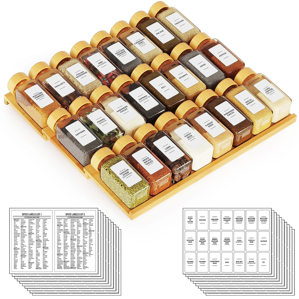 SpaceAid Bamboo Spice Drawer Organizer with 24 Spice Jars, 378 White Minimalist Spice Labels, 3 Tier Seasoning Rack Tray Insert for Kitchen Drawers, 15" Wide x 15" Deep x 2.6" Tall