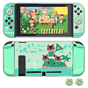 Dockable Case for Nintendo Switch, FANPL Protective Case Cover for Nintendo Switch and Joy Con Controller with 2 Marshal Design Thumb Grips - (for Animal Crossing Island Version)