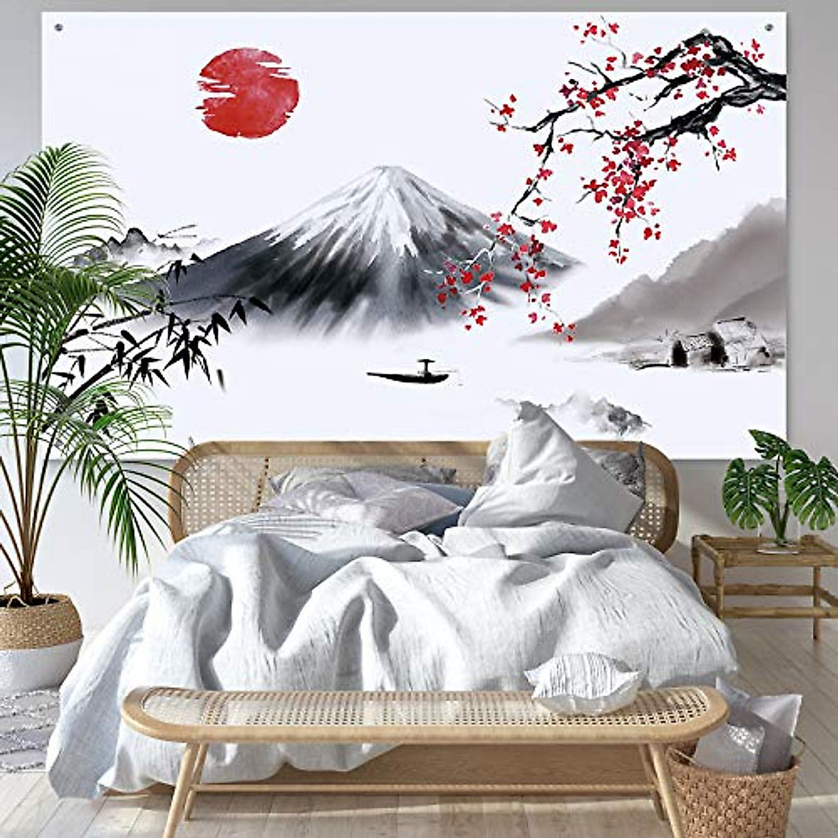 Japanese Wall Hanging Photo Banner Asian Mount Fuji Red Sun Backdrop Japanese Landscape Nature Background for Japanese Party Wall Home Decorations, 72.8 x 43.3 Inch