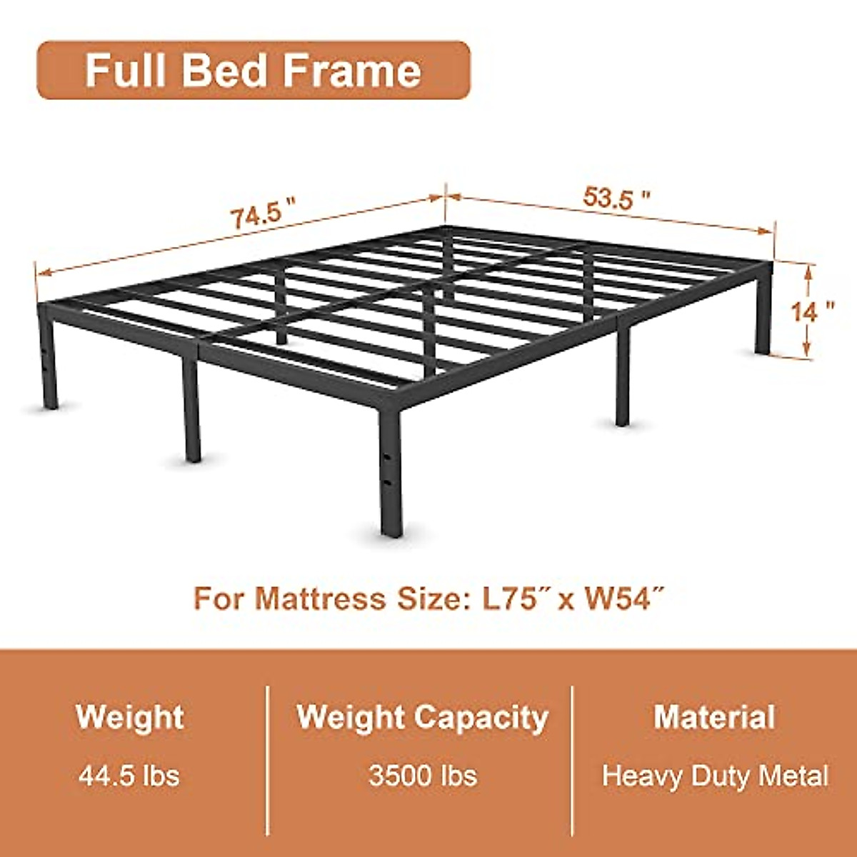 Umyder Full Size Bed Frame with Steel Slats Support,Sturdy and Durable No Box Spring Needed 14 Inch High Platform Metal Bedframes Black Heavy Duty 3500lbs,Noise Free,Easy Assembly