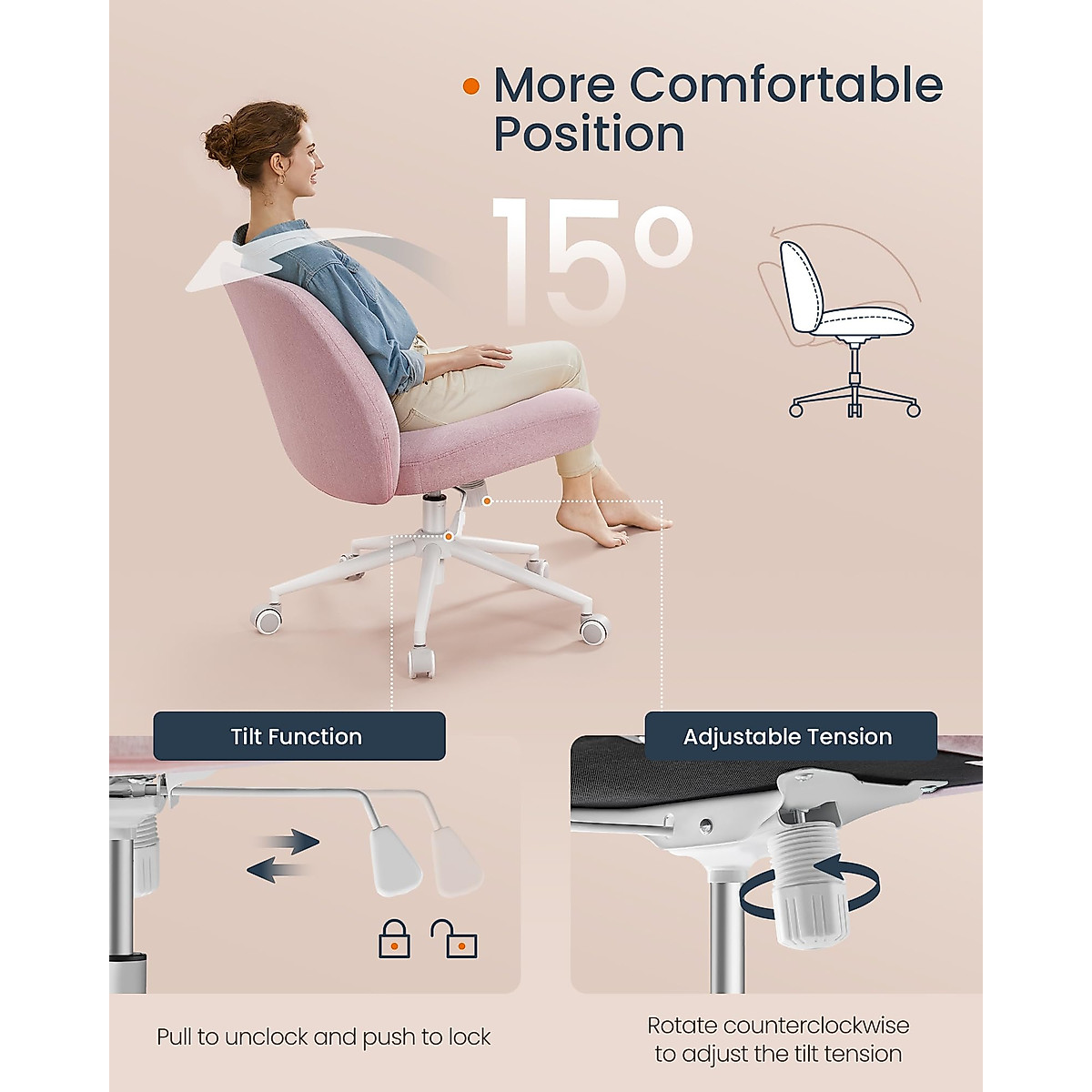 SONGMICS HOME Criss Cross Chair with Wheels, Armless Cross Legged Office Desk Chair, Wide Comfortable Adjustable Swivel Vanity Chair for Home Office, Cotton-Linen Fabric, Jelly Pink UOBG047R03