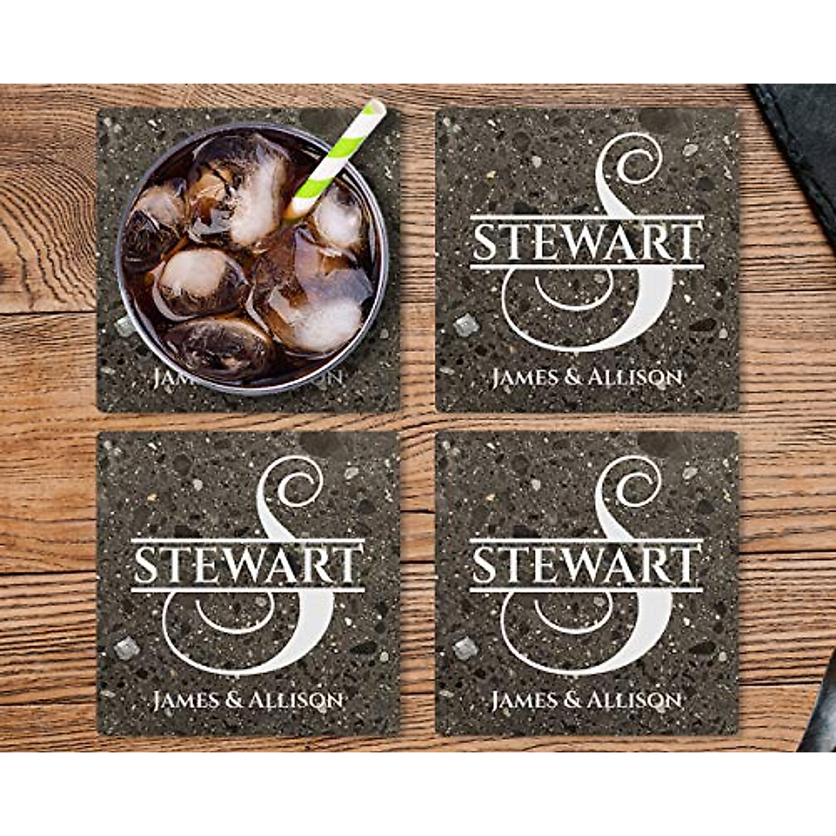 Krebs Custom Coaster Set of 4 - Personalized Name Monogram Drink Coasters - Absorbent Stone Coasters with Non-Slip Cork Backing - 4" Large Coasters for Anniversary, Housewarming, Wedding