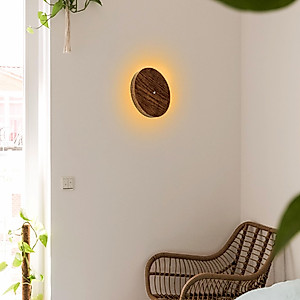 SKIVTGLAMP Nature Wood Wall Sconce Rechargeable Battery Operated LED PIP Motion IR Sensor Wall Lamp, No Drilling Cordless Farmhouse Wall Mounted for Rustic House Number Customizable Circular Walnut