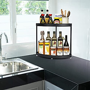 2 Tier Bathroom Countertop Organizer, Corner Storage Shelf Counter Standing Rack Cosmetic Vanity Tray Kitchen Spice Rack, Black