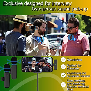 2 Pack Wireless Mini Lavalier Lapel Microphone for iPhone,Android Phone(2 in 1) - 80ft Cordless Clip on Dual Mics with Noise Reduction 5H Working Time for Video Recording Vlogging, YouTube, Interview