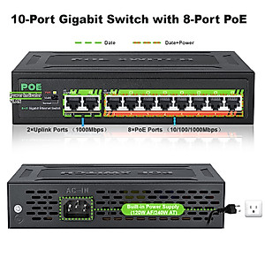 10 Gigabit Port PoE Ethernet Switch, 8 PoE Port Switch with 2 Uplink, Unmanaged Ethernet Splitter 802.3af/at Compliant Plug & Play Traffic Transmission