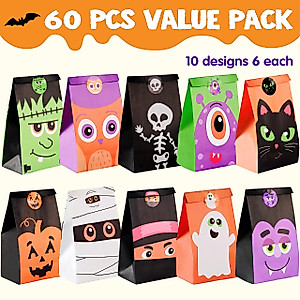 JOYIN 60 PCS Halloween Characters Paper Treat Bags, Trick or Treat Goodie Bags, Candy Bags with Stickers for Halloween Party Favor Supplies