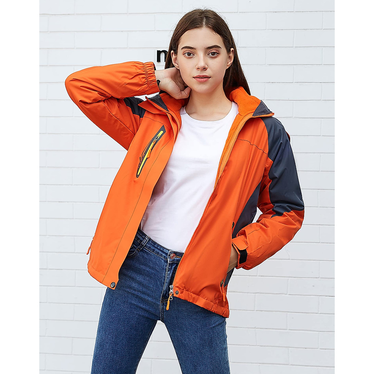 Amxiway Women's Mountain Waterproof Windproof Fleece 3 in 1 Jacket Ski Hooded Rain Coat(Orange,L)