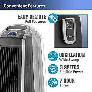 Lasko Oscillating High Velocity Tower Fan, Remote Control, Timer, 3 Powerful Speeds, for Garage, Basement and Gym, 35" Silver and Black, U35115