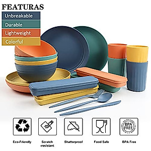 PYRMONT Wheat Straw Dinnerware Sets, Microwave & Dishwasher Safe Unbreakable Dinnerware Set-(28 PCS), Reusable Dishware Sets, Lightweight Camping Dishes, Plates, Cups, Cereal Bowls for 4