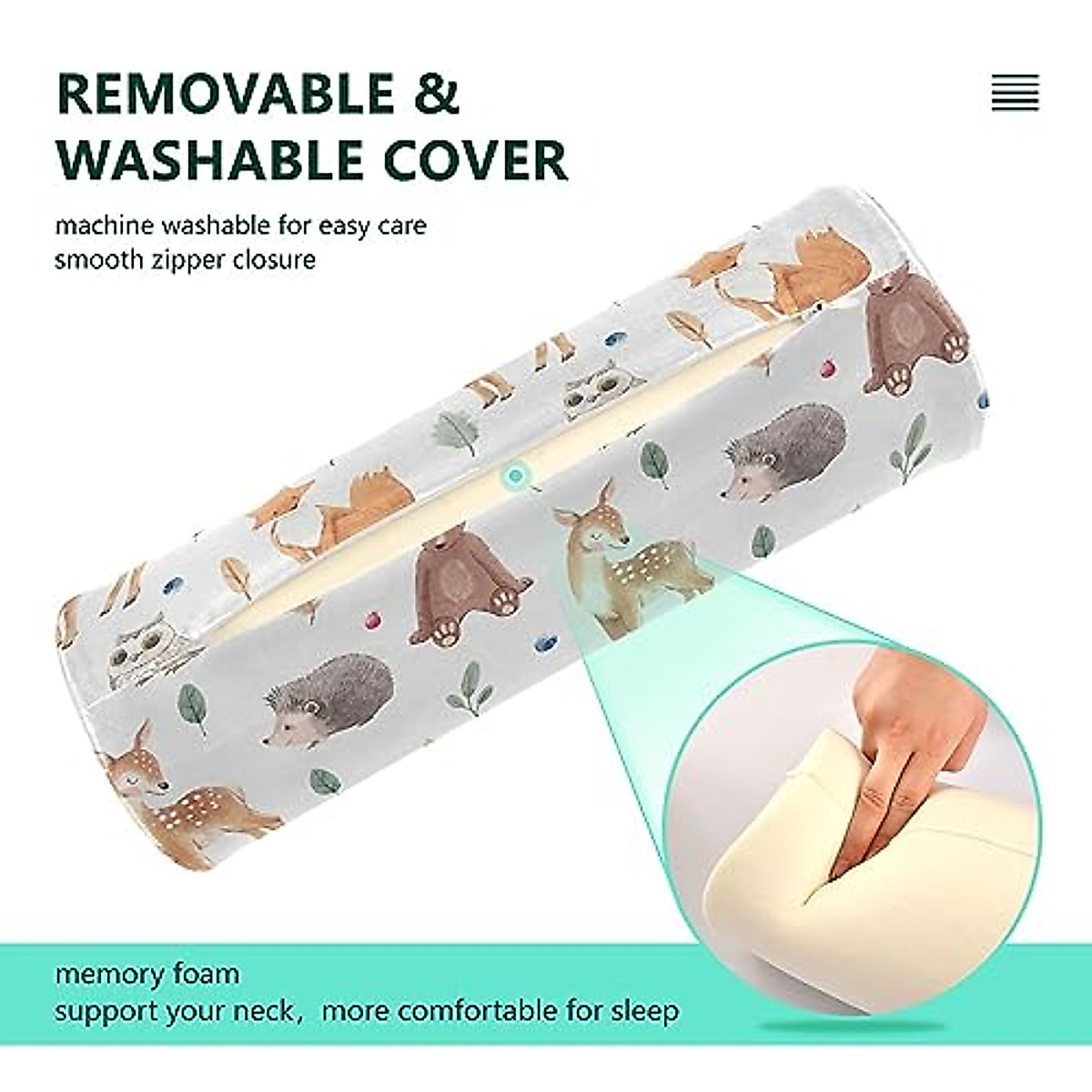 Vnurnrn Cute Forest Animal Neck Support Pillow Round Neck Roll Bolster Cylinder Pillow Cervical Pillows Arm Pillow for Leg Knee Back Head Support for Gifts Camp Study Work