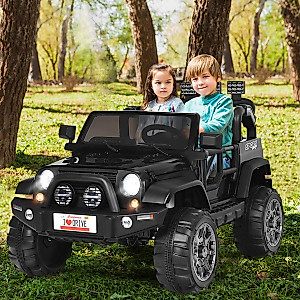 Costzon 2-Seater Ride on Truck, 12V Battery Powered Electric Vehicle Toy w/Remote Control, 3 Speed, LED Lights, MP3, Horn, Music, 2 Doors Open, Spring Suspension, Ride on Car for Kids (Black)
