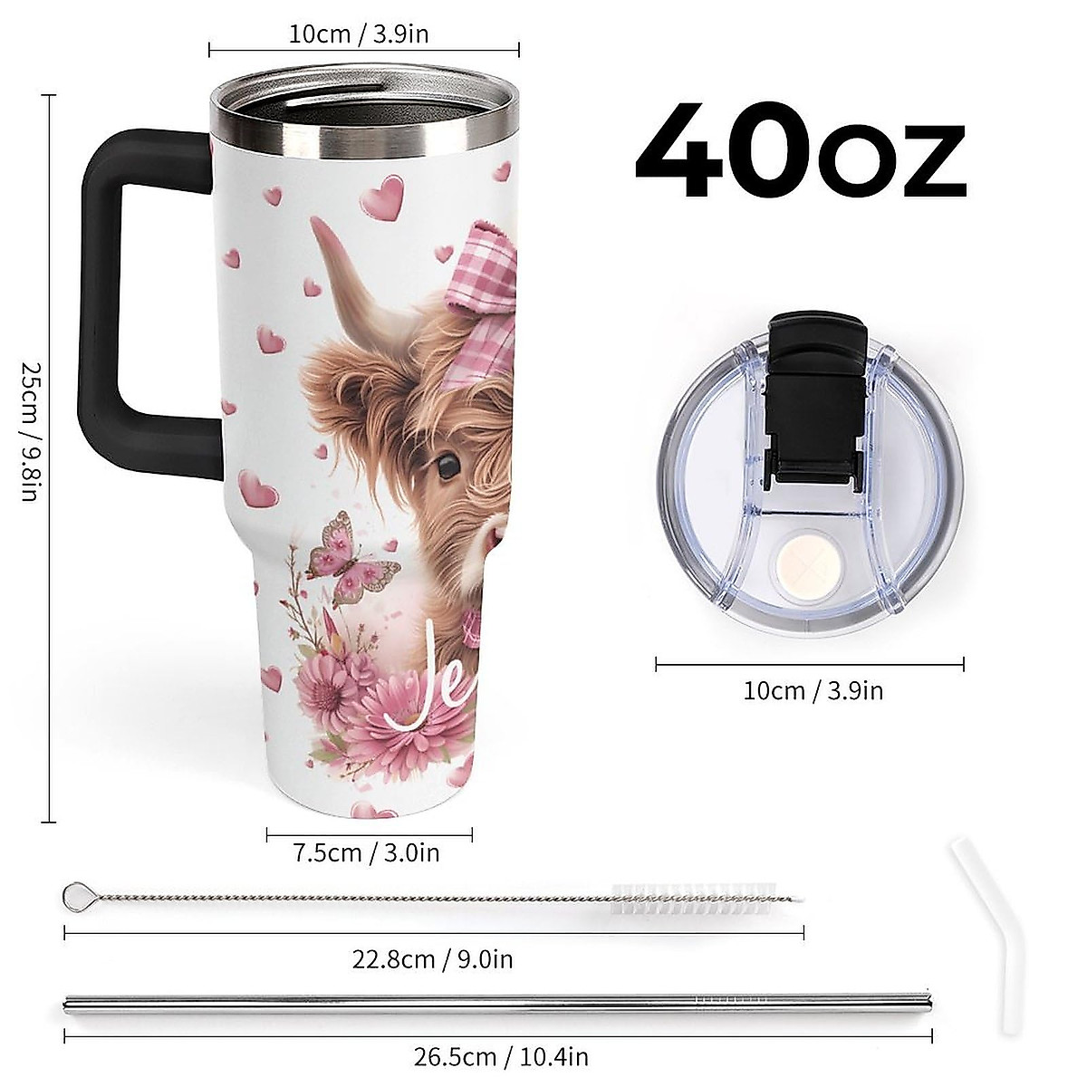 Zxyhomex Personalize Cute Pink Cow Print Tumbler 40 oz with Handle Straw Lid, Heifer 40oz Vacuum Insulated Coffee Mug, Highland Cow Birthday Gifts