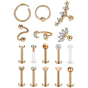 REVOLIA 16 Pcs 16G Stainless Steel Tragus Earring Cartilage Helix Single Earring Lip Rings Labret Studs Daith Rook Piercing Rose-gold