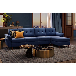 LINSY HOME Modular Sectional Sofa, Velvet Sectional Sofa Couch with Memory Foam, L Shape 5 Seat Modular Sectionals with Ottomans, Sleeper Sofa Couches with Chaise for Living Room, Blue