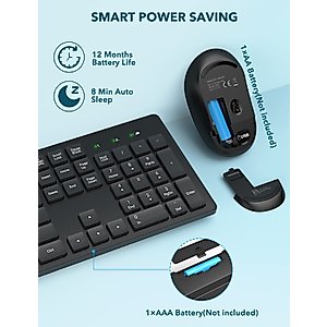 Wireless Keyboard and Mouse, WisFox USB Computer Keyboard with Silent Keys, Long Battery Life, 2.4GHz Full-Size Lag-Free Cordless Combo for PC Laptops Windows Mac Chrome OS (Black)