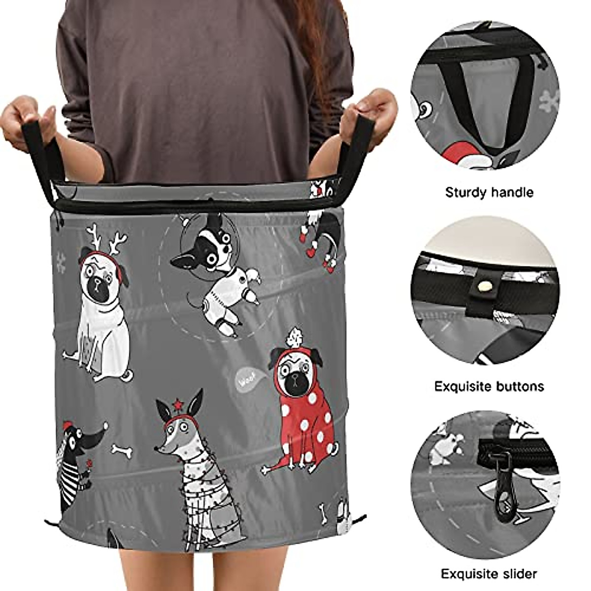 Funny Christmas Dogs Pop Up Laundry Hamper With Lid Foldable Laundry Basket With Handles Collapsible Storage Basket Clothes Organizer for Kids Room Bedroom