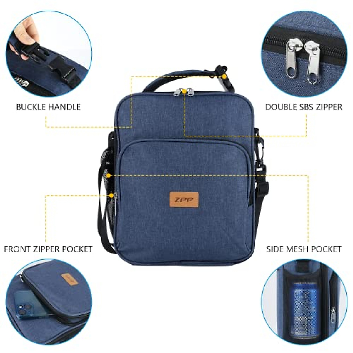 ZPP Lunch Box for Men, Water Insulated Lunch Bag, Women, Adults Small Lunch Bag, Reusable Lunch Box Portable Lunchbox Tote Bag with Adjustable Shoulder Strap for Office Work, Blue