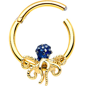 Body Candy 16G PVD 316L Stainless Steel Clicker Hinged Segment Septum Cartilage Blue Octopus Nose Hoop 3/8"