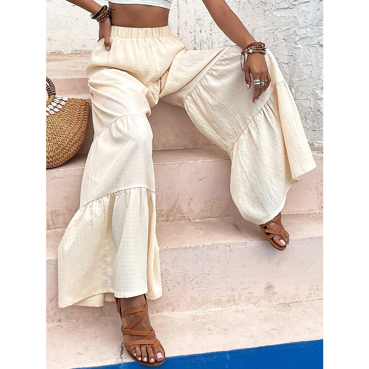 WDIRARA Women's Flowy Boho Elastic High Waist Ruffle Hem Wide Leg Beach Loose Palazzo Pants Beige M