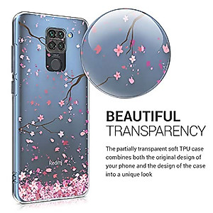 kwmobile Clear Case Compatible with Xiaomi Redmi Note 9 - Phone Case Soft TPU Cover - Cherry Blossoms Pink/Dark Brown/Transparent