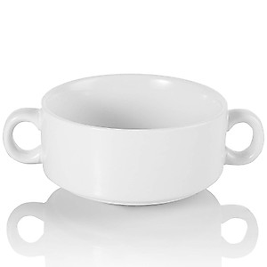 Foraineam Porcelain Bowls with Double Handles 10 Ounce White French Onion Soup Crocks Round Stackable Bowls for Soup, Cereal, Oatmeal, Set of 6
