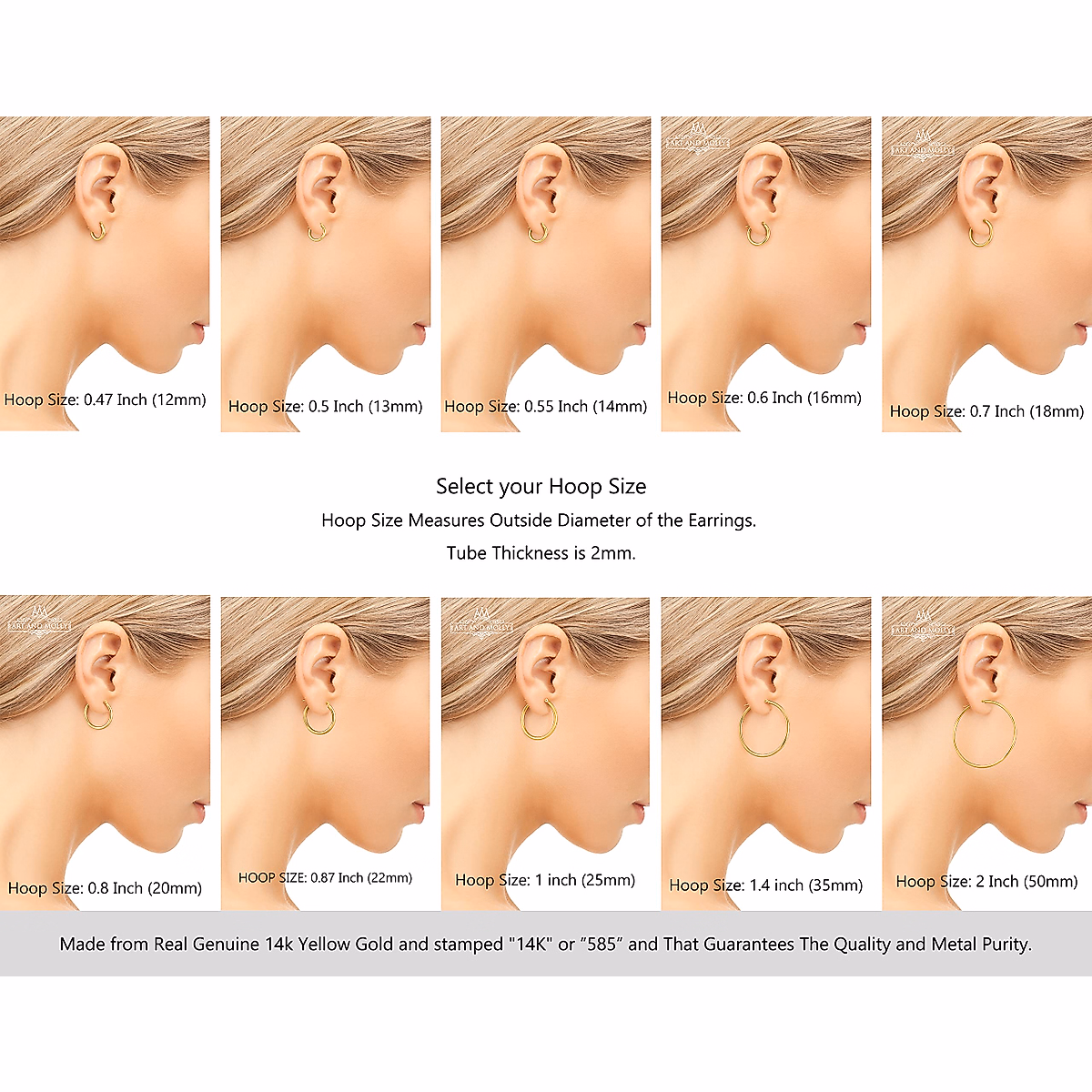 14k Gold Round Polished Hoop Earrings, (50mm) 2" Diameter (Yellow Gold)