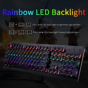 E-YOOSO Retro Mechanical Gaming Keyboard, Typewriter Style LED Backlit Keyboard with 104 Round Keys for Game and Office, Computer, Laptop, Desktop K600 (Blue Switch)