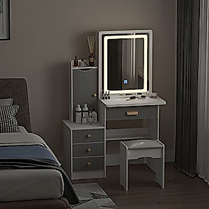 FAMAPY Vanity Desk with Mirror and Lights and Drawers, Vanity Mirror with Lights Desk and Chair, Wood Makeup Vanity with Drawers & Shelves, Cushion Stool, for Bedroom White and Grey