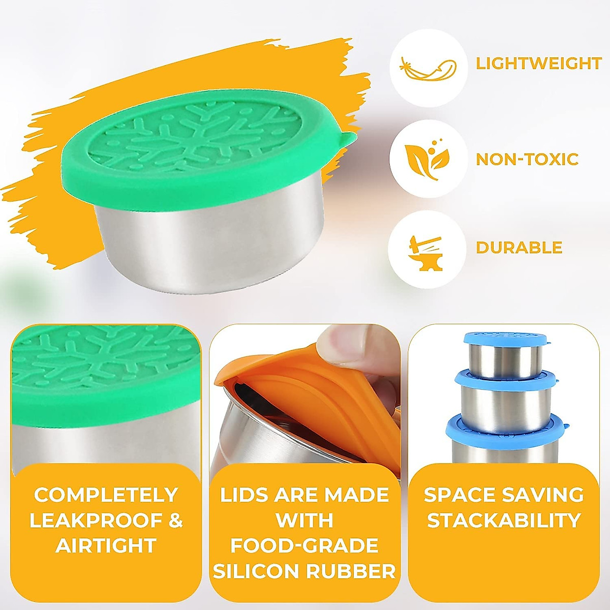 Stainless Steel Dressing Containers with lids, Set of 3 (13oz, 6oz, 3oz) Multipurpose To-Go Meal Prep for Bento Box Lunch Box, Snacks, Tea, Coffee or Food, Leakproof, Stackable and Airtight (BLUE)