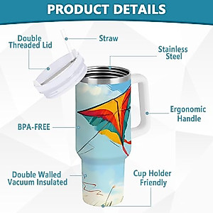 Nexawaveo Boy Kite Flying Tumbler With Handle And Straw 30-40oz Insulated Tumbler Cups With Lid Stainless Steel for Cold Water and Drinks for School Work Sports Car Travel and Weekends