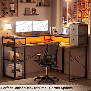 armocity L Shaped Desk with Drawers, Reversible Corner Computer Desk with LED Light & Power Outlet, 55.2'' L-Shaped Gaming Desk with Long Monitor Shelf, Home Office Desk for Small Corner Space, Rustic