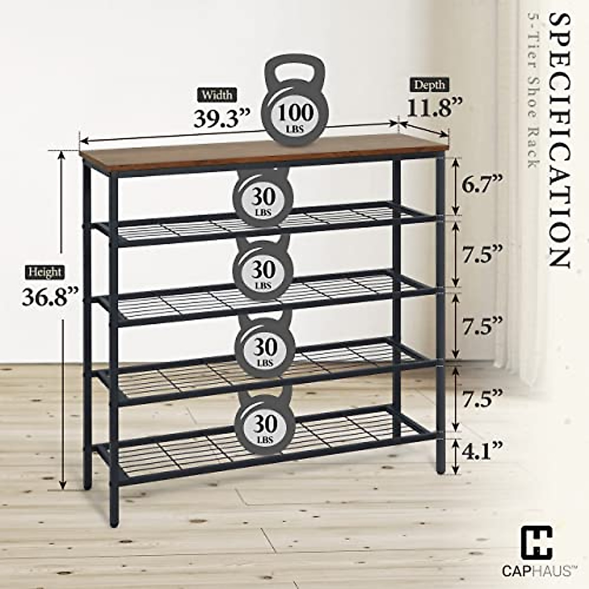 CAPHAUS 5-Tier Shoe Rack for Entryway, Industrial Shoe Storage Organizer, Large Shoe Shelf with Wood Board and Metal Mesh Shelves, Storage Table for Hallway, Living Room, Bedroom, Closet, Rustic Oak