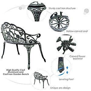 Giantex Outdoor Garden Bench Iron Patio Benches for Outdoors, Porch Bench Chair with Curved Legs Cast Aluminum Rose Antique Style, Green